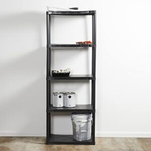 Home Basics 5 Tier Plastic Shelf, Black | Easy to Assemble | Solid Tier Shelves | Durable Resin Material