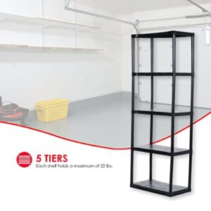 Home Basics 5 Tier Plastic Shelf, Black | Easy to Assemble | Solid Tier Shelves | Durable Resin Material