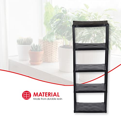 Home Basics 5 Tier Plastic Shelf, Black | Easy to Assemble | Solid Tier Shelves | Durable Resin Material