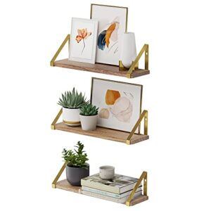 wallniture ponza 17" floating shelves for wall decor, bookshelf living room & bedroom decor, nursery, kitchen, bathroom storage gold color metal brackets set of 3