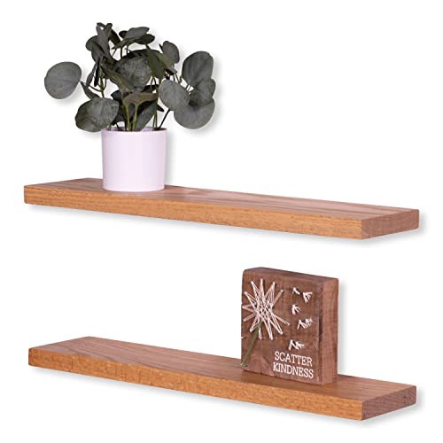 DAKODA LOVE Solid Oak Hardwood Floating Shelves | Designer Woodshop Value Line | Easy Install One Piece Brackets | Set of 2 (Honey, 24" L x 6" D)