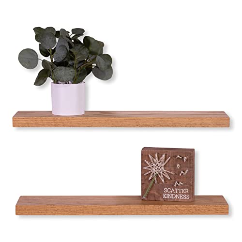 DAKODA LOVE Solid Oak Hardwood Floating Shelves | Designer Woodshop Value Line | Easy Install One Piece Brackets | Set of 2 (Honey, 24" L x 6" D)