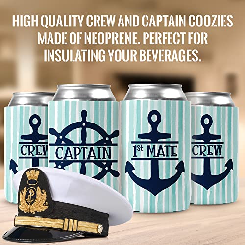 The Navy Knot Personalized Can Cooler Sleeves - Regular Cans Beverage Foldable Cooler Sleeves, Sweat-Proof Can Huggers for 12oz Beverage Bottles, Cool Boat Accessories, 4 Pk (Nautical Captain & Crew).