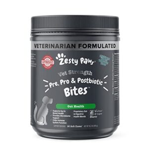 zesty paws probiotics for dogs - digestive enzymes for gut flora, digestive health, diarrhea & bowel support - clinically studied de111 - dog supplement soft chew for pet immune system - vs - 90 count