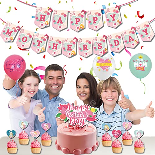 Meetall 41pcs Mother’s Day Decoration Set Happy Mother’s Day Banner Best Mum Ever Mum I Love You Balloons and Cake Toppers Creative Gift and Idea All in Party Supplies.