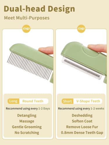 MS!MAKE SURE 2-in-1 Pet Comb, Professional Cat & Dog Grooming Tool, with Dual-Head Design for Safe & Gentle Removal of Tangles/Matted Fur, Shedding - Olive Green