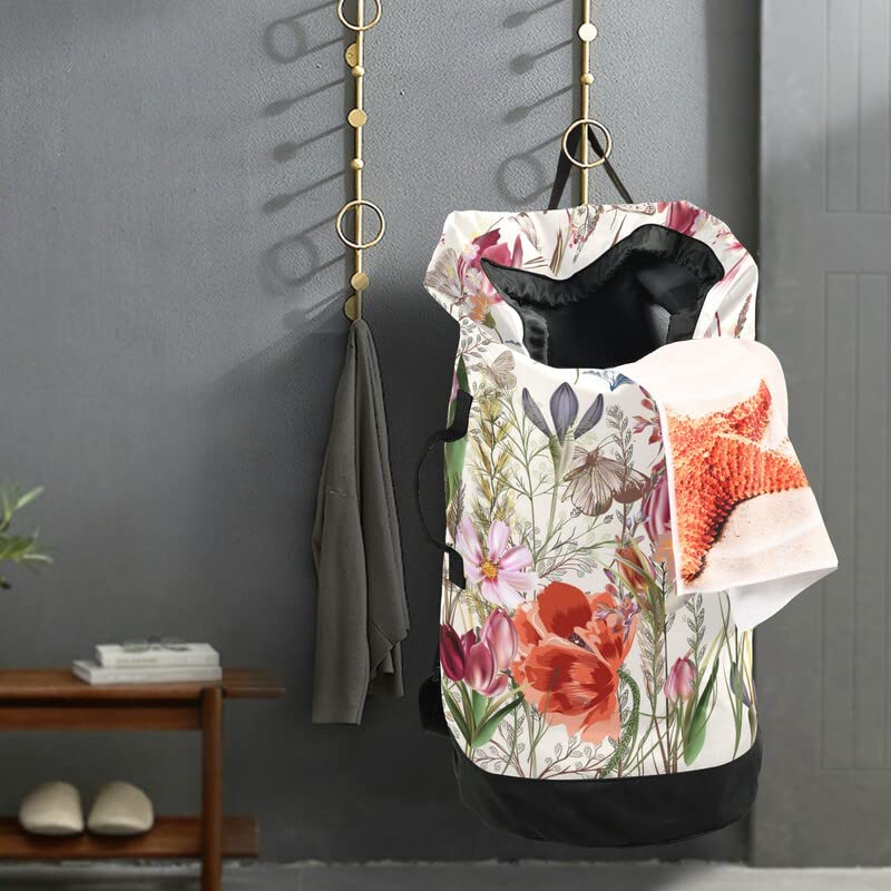 VIGTRO Spring Flower Plant Large Heavy Duty Laundry Backpack Hamper with Shoulder Strips and Drawstring, Nylon Waterproof Laundry Bag Durable for Dorm Laundromat Travel