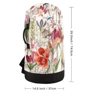 VIGTRO Spring Flower Plant Large Heavy Duty Laundry Backpack Hamper with Shoulder Strips and Drawstring, Nylon Waterproof Laundry Bag Durable for Dorm Laundromat Travel