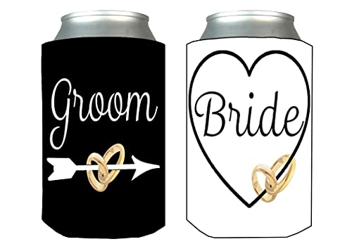 Bride and Groom Collapsible Can Bottle Beverage Cooler Sleeves 2 Pack Wedding Engagement Anniversary Gift Set