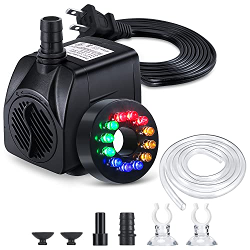 CWKJ Fountain Pump with LED Lights, 220GPH(15W 900L/H) Submersible Water Pump, Durable Outdoor Fountain Water Pump with 6.5ft Tubing (ID x 1/3-Inch), 3 Nozzles for Aquarium, Pond, Fish Tank