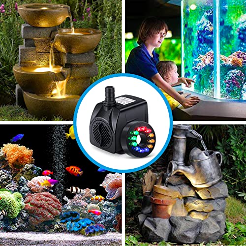 CWKJ Fountain Pump with LED Lights, 220GPH(15W 900L/H) Submersible Water Pump, Durable Outdoor Fountain Water Pump with 6.5ft Tubing (ID x 1/3-Inch), 3 Nozzles for Aquarium, Pond, Fish Tank