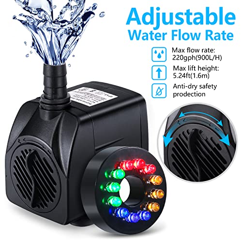 CWKJ Fountain Pump with LED Lights, 220GPH(15W 900L/H) Submersible Water Pump, Durable Outdoor Fountain Water Pump with 6.5ft Tubing (ID x 1/3-Inch), 3 Nozzles for Aquarium, Pond, Fish Tank