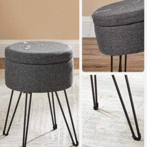 SONGMICS Vanity Stool Chair, Small Ottoman Stool with Storage, Vanity Chair, 12.2 Dia. x 16.9 Inches, 4 Metal Legs, for Makeup Room, for Living Room, Bedroom, Dark Gray ULOM002G01