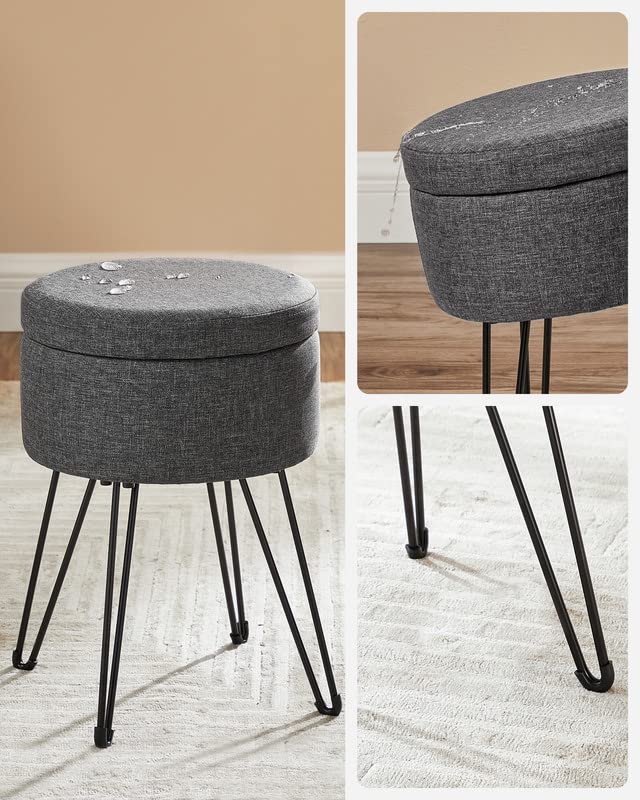 SONGMICS Vanity Stool Chair, Small Ottoman Stool with Storage, Vanity Chair, 12.2 Dia. x 16.9 Inches, 4 Metal Legs, for Makeup Room, for Living Room, Bedroom, Dark Gray ULOM002G01