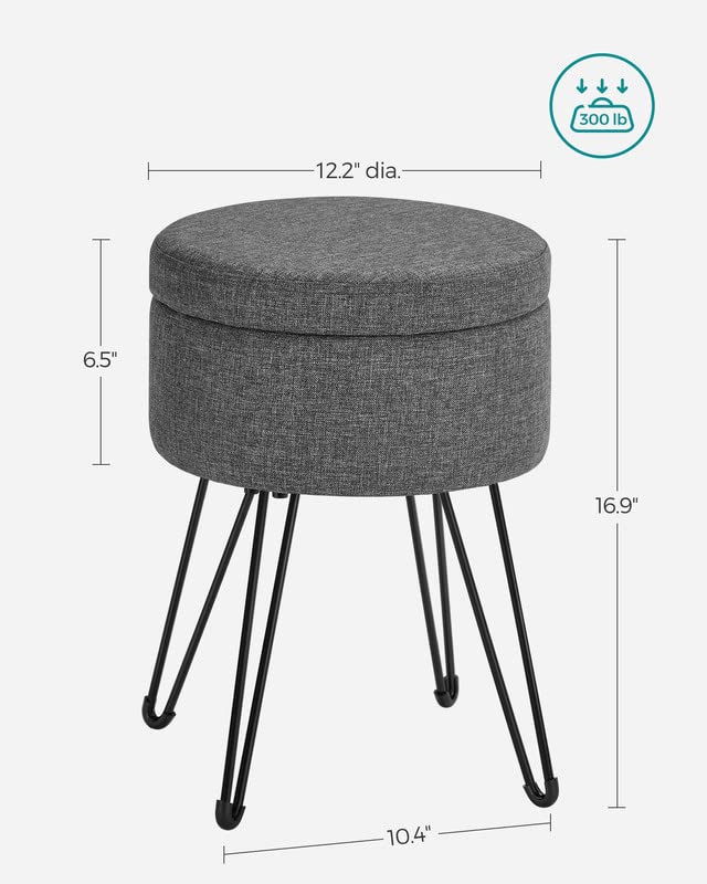 SONGMICS Vanity Stool Chair, Small Ottoman Stool with Storage, Vanity Chair, 12.2 Dia. x 16.9 Inches, 4 Metal Legs, for Makeup Room, for Living Room, Bedroom, Dark Gray ULOM002G01