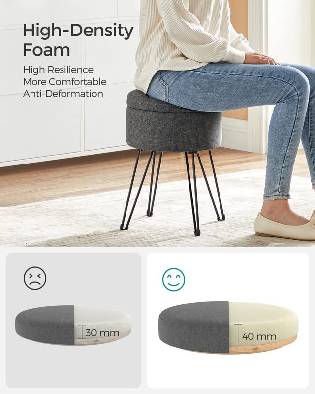 SONGMICS Vanity Stool Chair, Small Ottoman Stool with Storage, Vanity Chair, 12.2 Dia. x 16.9 Inches, 4 Metal Legs, for Makeup Room, for Living Room, Bedroom, Dark Gray ULOM002G01