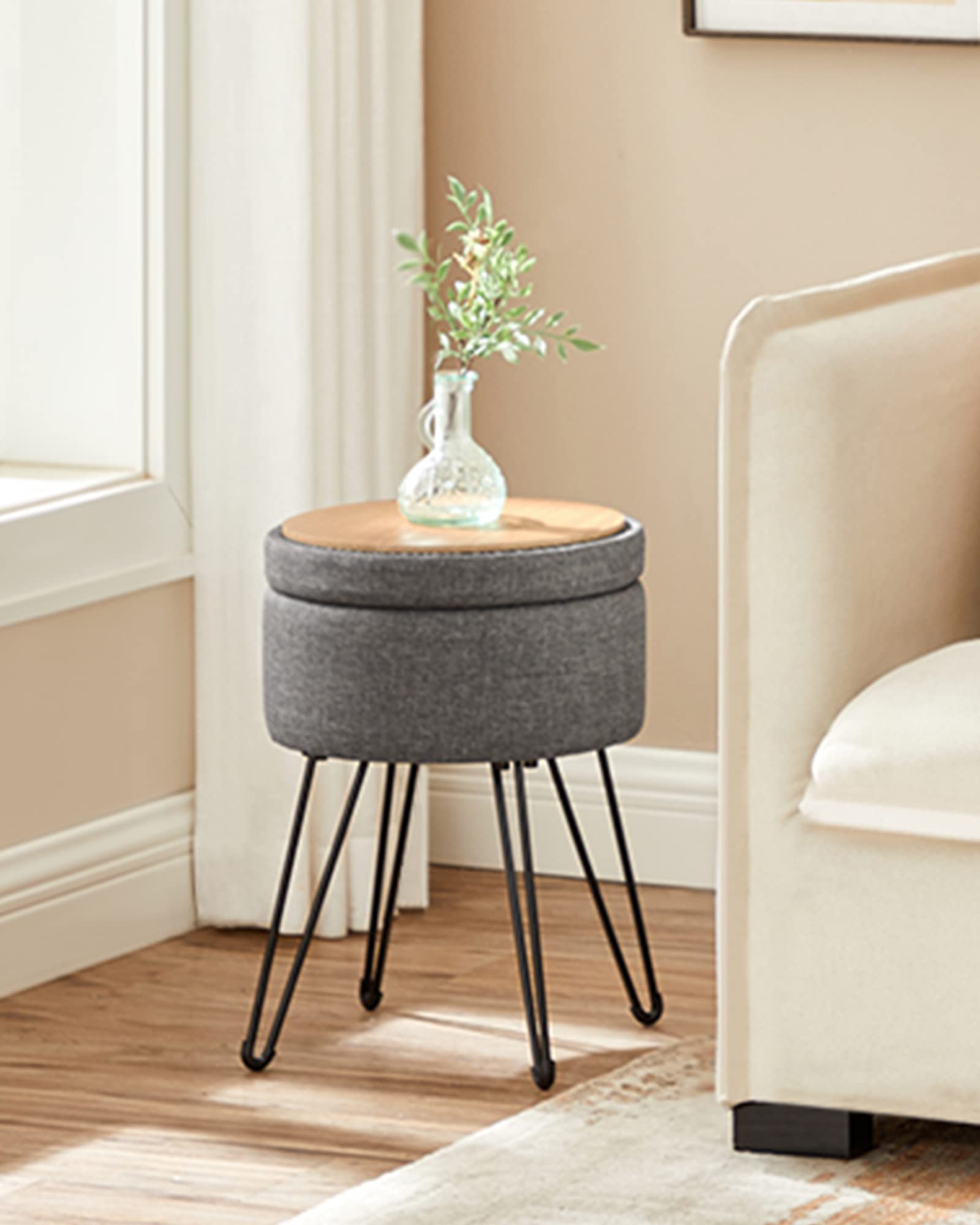 SONGMICS Vanity Stool Chair, Small Ottoman Stool with Storage, Vanity Chair, 12.2 Dia. x 16.9 Inches, 4 Metal Legs, for Makeup Room, for Living Room, Bedroom, Dark Gray ULOM002G01