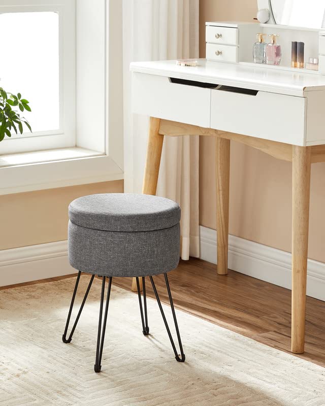 SONGMICS Vanity Stool Chair, Small Ottoman Stool with Storage, Vanity Chair, 12.2 Dia. x 16.9 Inches, 4 Metal Legs, for Makeup Room, for Living Room, Bedroom, Dark Gray ULOM002G01