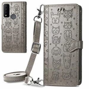 futanwei crossbody lanyard case for tcl 30 v 5g, tcl 30 v 5g flip case with crossbody strap lanyard, [magnetic closure] cute cat & dog pattern women's wallet case cover with card holder, grey