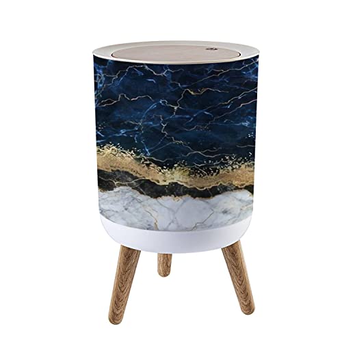 Small Trash Can with Lid Abstract White Blue Marble with Golden Veins Fake Stone Texture Liquid Round Recycle Bin Press Top Dog Proof Wastebasket for Kitchen Bathroom Bedroom Office 7L/1.8 Gallon