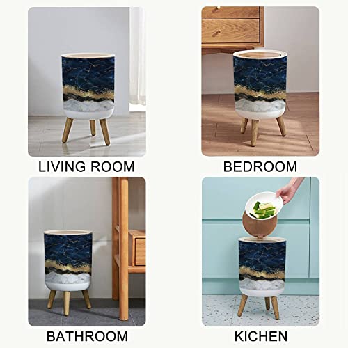 Small Trash Can with Lid Abstract White Blue Marble with Golden Veins Fake Stone Texture Liquid Round Recycle Bin Press Top Dog Proof Wastebasket for Kitchen Bathroom Bedroom Office 7L/1.8 Gallon