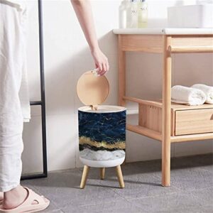 Small Trash Can with Lid Abstract White Blue Marble with Golden Veins Fake Stone Texture Liquid Round Recycle Bin Press Top Dog Proof Wastebasket for Kitchen Bathroom Bedroom Office 7L/1.8 Gallon