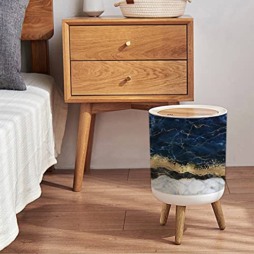 Small Trash Can with Lid Abstract White Blue Marble with Golden Veins Fake Stone Texture Liquid Round Recycle Bin Press Top Dog Proof Wastebasket for Kitchen Bathroom Bedroom Office 7L/1.8 Gallon