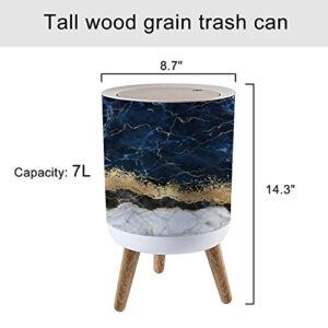 Small Trash Can with Lid Abstract White Blue Marble with Golden Veins Fake Stone Texture Liquid Round Recycle Bin Press Top Dog Proof Wastebasket for Kitchen Bathroom Bedroom Office 7L/1.8 Gallon