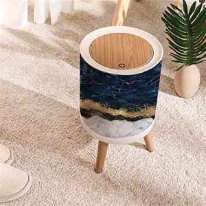 Small Trash Can with Lid Abstract White Blue Marble with Golden Veins Fake Stone Texture Liquid Round Recycle Bin Press Top Dog Proof Wastebasket for Kitchen Bathroom Bedroom Office 7L/1.8 Gallon