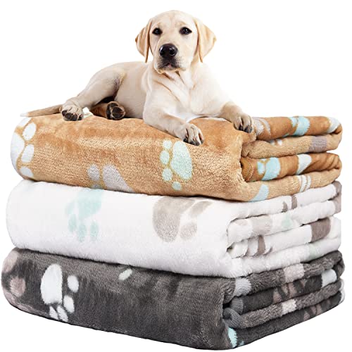 Rezutan Upgraded Dog Blankets for Large Dogs, 3 Pack Dog Cat Flannel Blankets Washable, Soft Pet Mat Throw Cover for Kennel Crate Bed, Cute Paw Pattern, Dog Blanket, Pet Blanket 31" x 41"