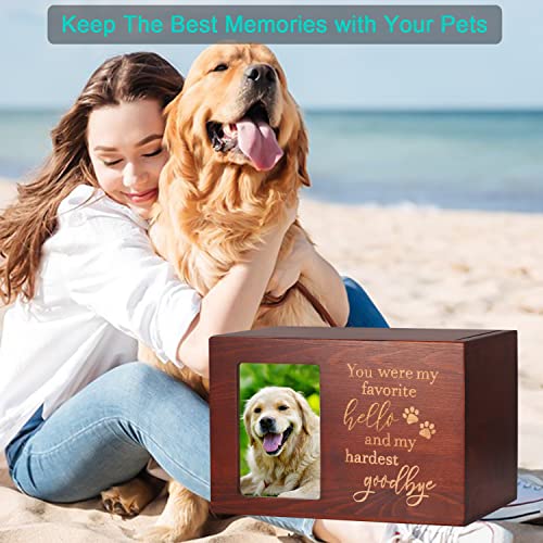 Pet Memorial Urns for Dog or Cat Ashes, Large Wooden Funeral Cremation Urns with Photo Frame, Memorial Keepsake Memory Box with Black Flannel as Lining, Loss Pet Memorial Remembrance Gift