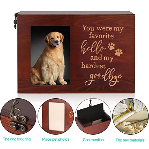 Pet Memorial Urns for Dog or Cat Ashes, Large Wooden Funeral Cremation Urns with Photo Frame, Memorial Keepsake Memory Box with Black Flannel as Lining, Loss Pet Memorial Remembrance Gift