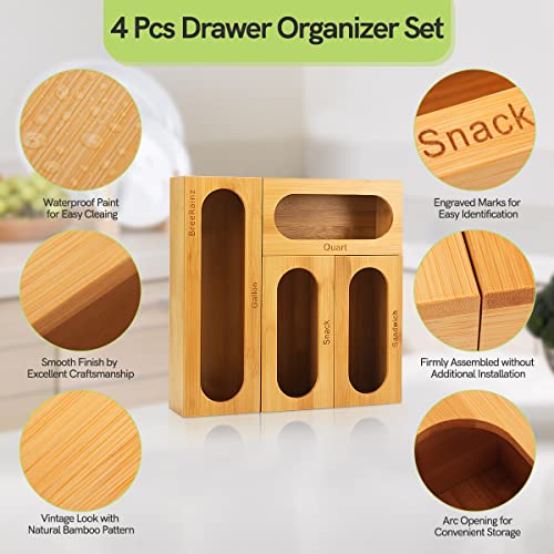 Bamboo Ziplock Bag Organizer for Drawer, BreeRainz Zip Lock Sandwich Bag Organizer, Food Storage Bag Organizer Combo for Quart Slider Gallon Snack Sizes