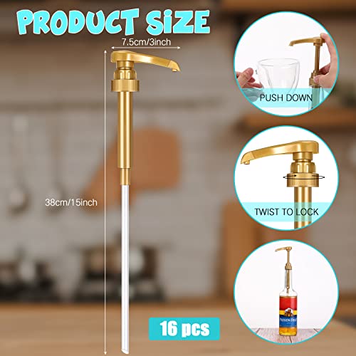 16 Pcs Syrup Pumps, Coffee Syrup Dispenser Pump, Flavor Syrup Pump Fits 750ml Bottles for Coffee Syrups Snow Cones Caramel Flavorings Bottle (Gold)