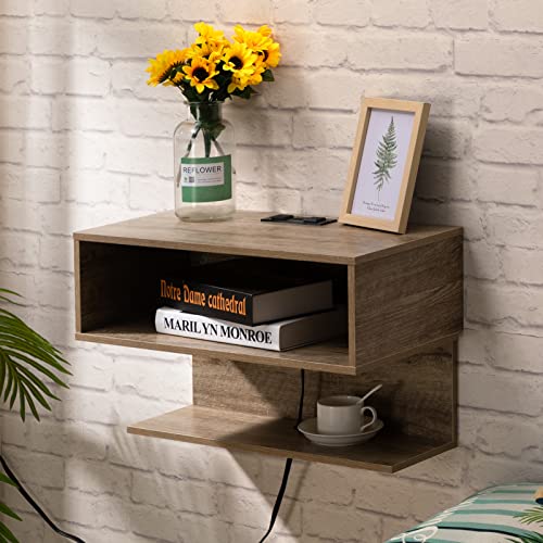 ALIMORDEN Floating Nightstand with USB Ports, Wall Mount Shelf with Drawer Storage, Industrial Bedside Table for Bedroom, Weathered Oak