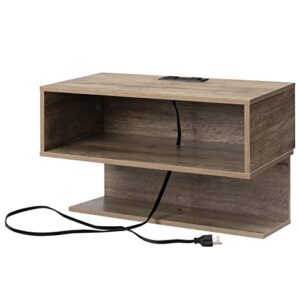 ALIMORDEN Floating Nightstand with USB Ports, Wall Mount Shelf with Drawer Storage, Industrial Bedside Table for Bedroom, Weathered Oak