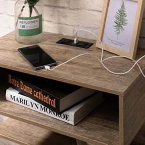 ALIMORDEN Floating Nightstand with USB Ports, Wall Mount Shelf with Drawer Storage, Industrial Bedside Table for Bedroom, Weathered Oak