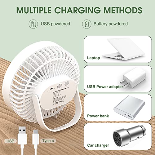 Maelifu Camping Fan with LED Light 3 Speeds, 6.5inch Flexible Tripod Rechargeable Outdoor Fan Portable, Tent Fans for Camping Outdoor Bedroom Table Picnic Barbecue Travel (White)