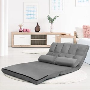 COSTWAY Floor Sofa Couch with 2 Pillows, Foldable 6-Position Adjustable Lazy Sofa Bed Sleeper with Metal Frame, Soft Suede Fabric, Gaming Playing Lounge Recliner for Adults (Grey)