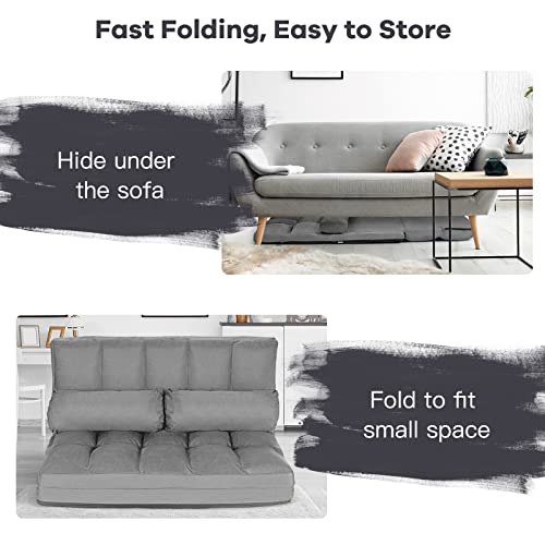 COSTWAY Floor Sofa Couch with 2 Pillows, Foldable 6-Position Adjustable Lazy Sofa Bed Sleeper with Metal Frame, Soft Suede Fabric, Gaming Playing Lounge Recliner for Adults (Grey)