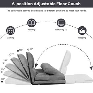 COSTWAY Floor Sofa Couch with 2 Pillows, Foldable 6-Position Adjustable Lazy Sofa Bed Sleeper with Metal Frame, Soft Suede Fabric, Gaming Playing Lounge Recliner for Adults (Grey)