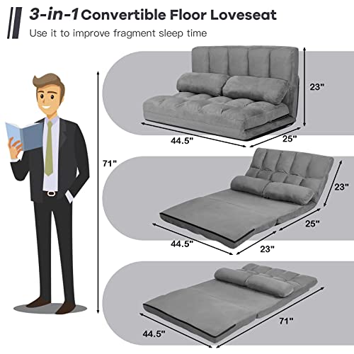 COSTWAY Floor Sofa Couch with 2 Pillows, Foldable 6-Position Adjustable Lazy Sofa Bed Sleeper with Metal Frame, Soft Suede Fabric, Gaming Playing Lounge Recliner for Adults (Grey)