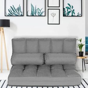 COSTWAY Floor Sofa Couch with 2 Pillows, Foldable 6-Position Adjustable Lazy Sofa Bed Sleeper with Metal Frame, Soft Suede Fabric, Gaming Playing Lounge Recliner for Adults (Grey)