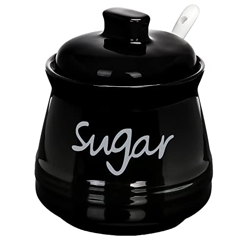 Swetwiny Porcelain Sugar Bowl with Lid and Spoon, 12 Ounces Ceramic Sugar Storage Jar, Sugar Container for Home and Kitchen (Black)