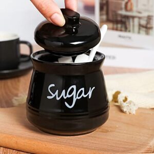 Swetwiny Porcelain Sugar Bowl with Lid and Spoon, 12 Ounces Ceramic Sugar Storage Jar, Sugar Container for Home and Kitchen (Black)