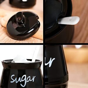 Swetwiny Porcelain Sugar Bowl with Lid and Spoon, 12 Ounces Ceramic Sugar Storage Jar, Sugar Container for Home and Kitchen (Black)