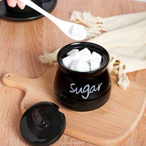 Swetwiny Porcelain Sugar Bowl with Lid and Spoon, 12 Ounces Ceramic Sugar Storage Jar, Sugar Container for Home and Kitchen (Black)