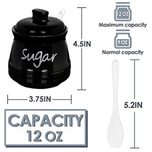 Swetwiny Porcelain Sugar Bowl with Lid and Spoon, 12 Ounces Ceramic Sugar Storage Jar, Sugar Container for Home and Kitchen (Black)