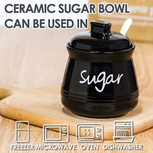 Swetwiny Porcelain Sugar Bowl with Lid and Spoon, 12 Ounces Ceramic Sugar Storage Jar, Sugar Container for Home and Kitchen (Black)