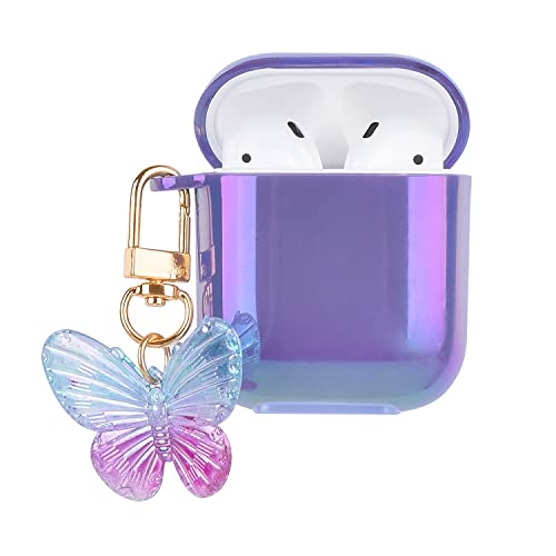 Fycyko Compatible with AirPods Case Cover,Butterfly Colorful Cute Luxury Plating for AirPod Case with Keychain Soft TPU Protective Case for Women Girls Design for AirPods 1&2 Purple